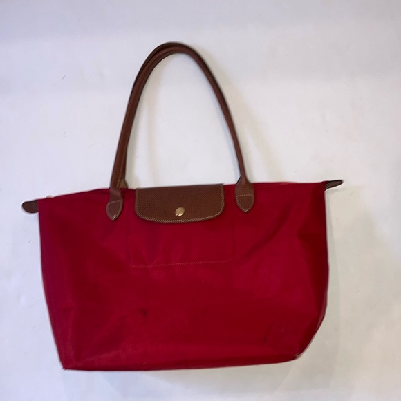 Longchamp | Bags | Longchamp Red Canvas And Leather Large Shopping Tote ...